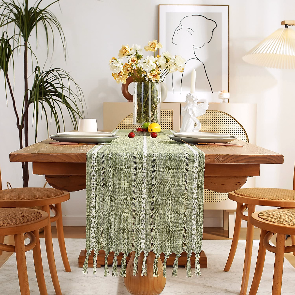 Rustic Farmhouse Style Linen Table Runner, Boho Handmade Tassel Embroidered Small Table Runners 48 Inches Long for Holiday Party, Christmas and Dining Decorations, 13 inchW X 48 inchL - Sage Green