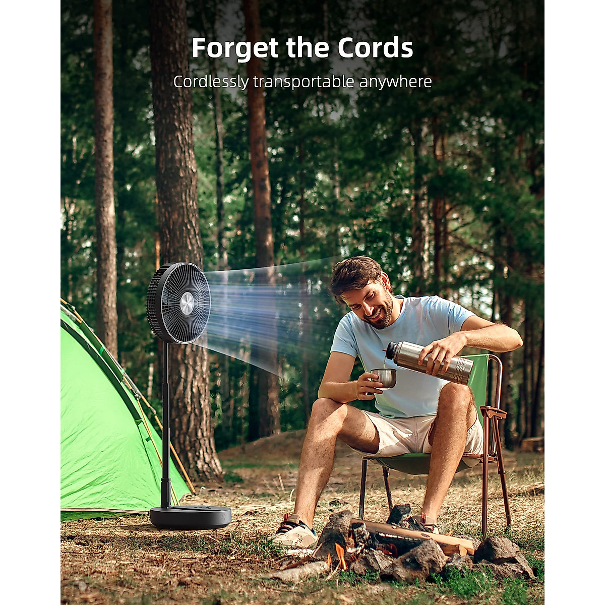 Koonie Portable Fan, 10 Inch Foldable Stand/Desk Fan up to 50 Hours 4 Speed Remote Control Battery or USB Powered Cordless Height Adjustable Super Quiet Fan for Home, Camping, Fishing, Travel, Black