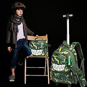 Egchescebo Kids Shark Rolling Backpack for Boys Suitcases Trolley Backpacks with Wheels Roller Luggage Backpacks Wheels with Lunch Box Pencil Case for Elementary Boys Travel School Bag Green