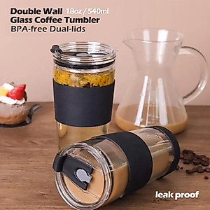 18 oz Double Wall Glass Tumbler with Straw and Leak-proof Plastic Lid, Borosilicate Glass Coffee Travel Mug, To Go Clear Reusable Tea Cup, BPA-free, Microwave Safe (Black)