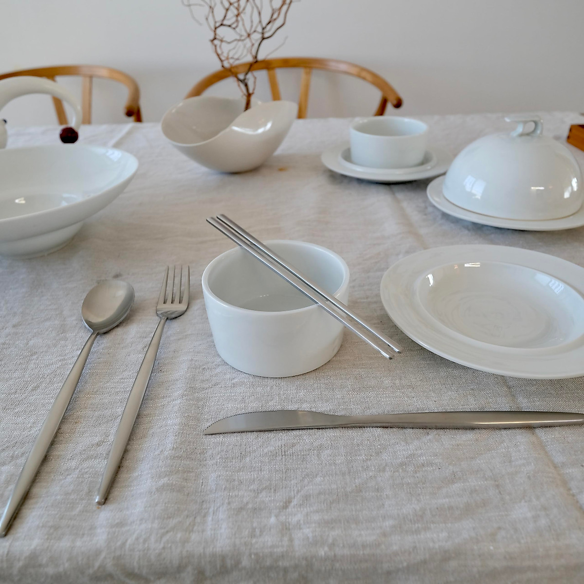 cozymomdeco Korean Made Stainless Steel Utensil Flatware Cutlery Korean Chopsticks and Spoon Set Fork Knife Spoon & Chopsticks, 4Pcs (Silver)