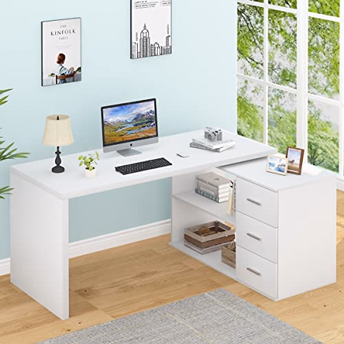 HSH White L Shaped Desk with Drawers Shelves, L Shaped Computer Desk with Storage Cabinet, Corner Home Office Desk for PC Executive Writing Study Work, Reversible Bedroom Wood Computer Table, 55 Inch