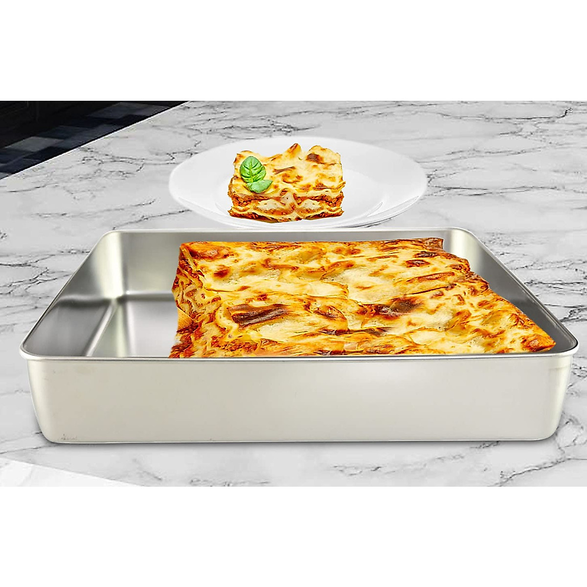 Home-X Stainless-Steel Cake Pan with Lid, Rectangular Cake Pan With Lid, Baking Tray for Cakes, Oven-Safe Pan, Large Metal Baking Pan, 13" L x 11" W x 2 ½” D, Stainless Steel