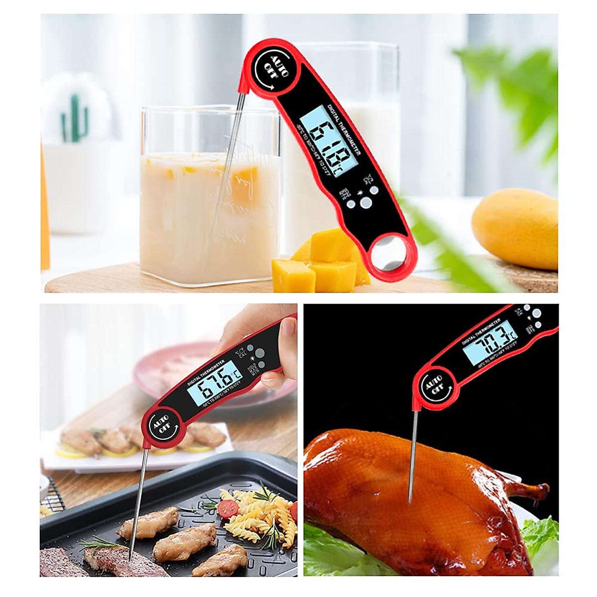 Instant Read Meat Thermometer, Digital Food Thermometer for Cooking, Kitchen Candy Thermometer with Fahrenheit & Celsius (℉/℃) Switch for Oil Deep Dry BBQ Grill Roast Turkey Smoker (red)