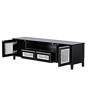 LZ LEISURE ZONE Farmhouse Rattan TV Stand for TVs up to 65", Boho Style Entertainment Center with Gold Metal Handles, Modern TV Console Table with Drawers and Cabinets for Living Room, Black