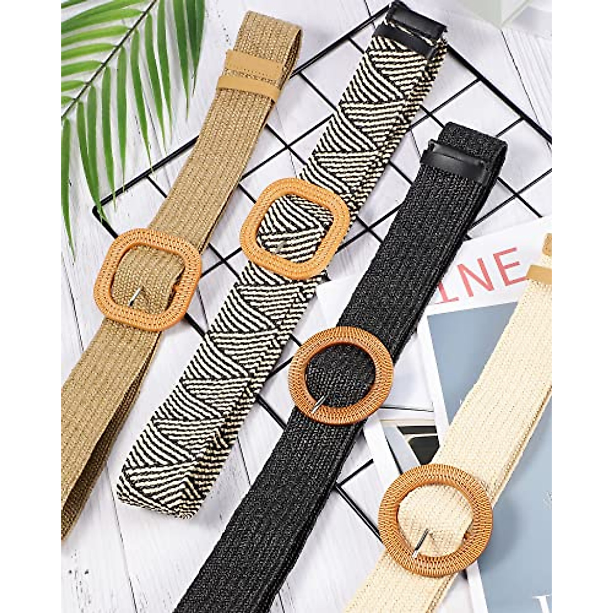 4 Pack Straw Woven Belt Elastic Stretch Rattan Waist Belt Women Skinny Raffia Dress Belt Wooden Buckle Waist Dress Band (Retro Color, Medium)