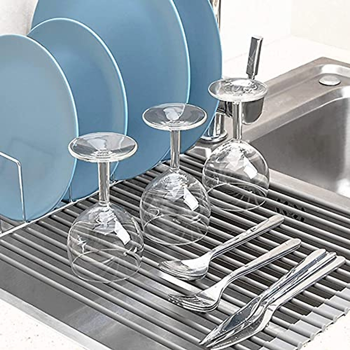 Roll Up Dish Drying Rack Drain Board Drainers, Over The Sink Dish Drying Rack for Kitchen Counter Foldable Dish Drainer Sink Rack Kitchen Organization Gadgets 17''x13'', Warm Grey