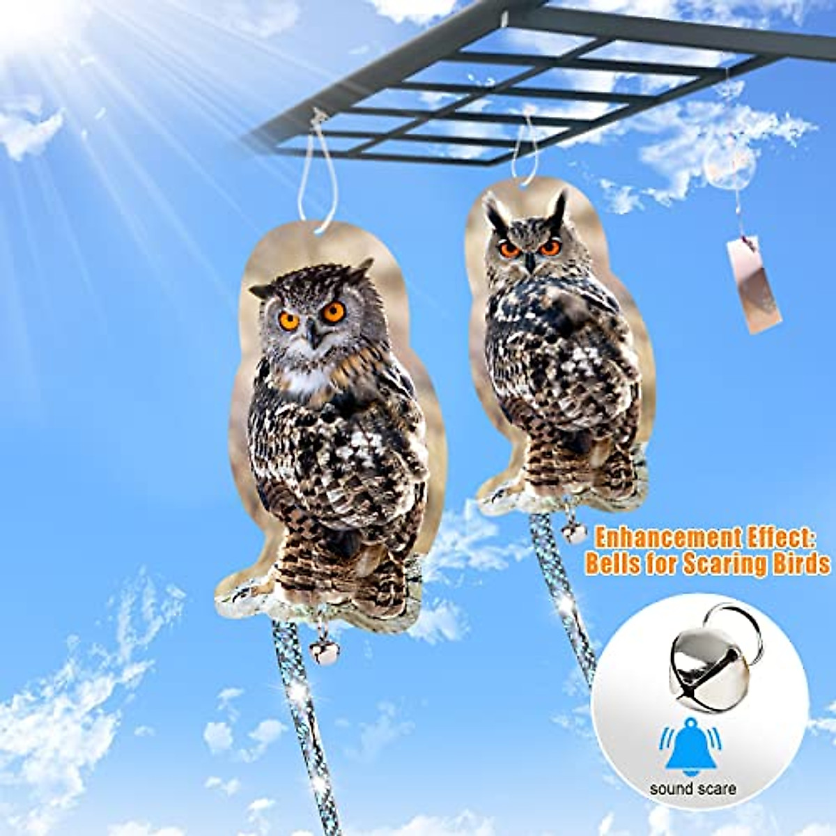 kungfu Mall Bird Scarer, 2 Pack Fake Owls to Keep Birds Away, Reflective Owl Hanging Decoration, Dual-Side Printed Raster Fake Hawk Eagle to Keep Birds Away from Garden Patio Windows