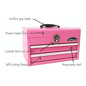 Apollo Tools 14 Inch Steel Tool Box with Deep Top Compartment and 2 Drawers in Heavy-Duty Steel With Ball Bearing Opening and Powder Coated Finish - Pink Ribbon - Pink - DT5010P