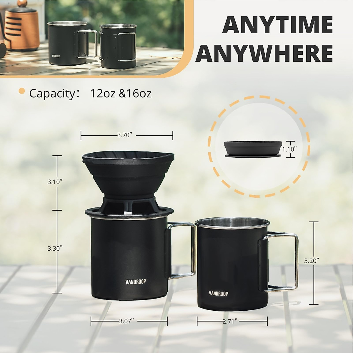 Vandroop Portable Pour Over Coffee Maker Set, Collapsible Silicone Coffee Dripper Set, Perfect for Travel, Camping, Home (BLACK CUP 2CUP)