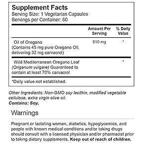 Nutraceutical Sciences Institute (NSI) Vitacost Oregano Oil - Standardized Extract - 510 mg - 60 Vegetarian Capsules