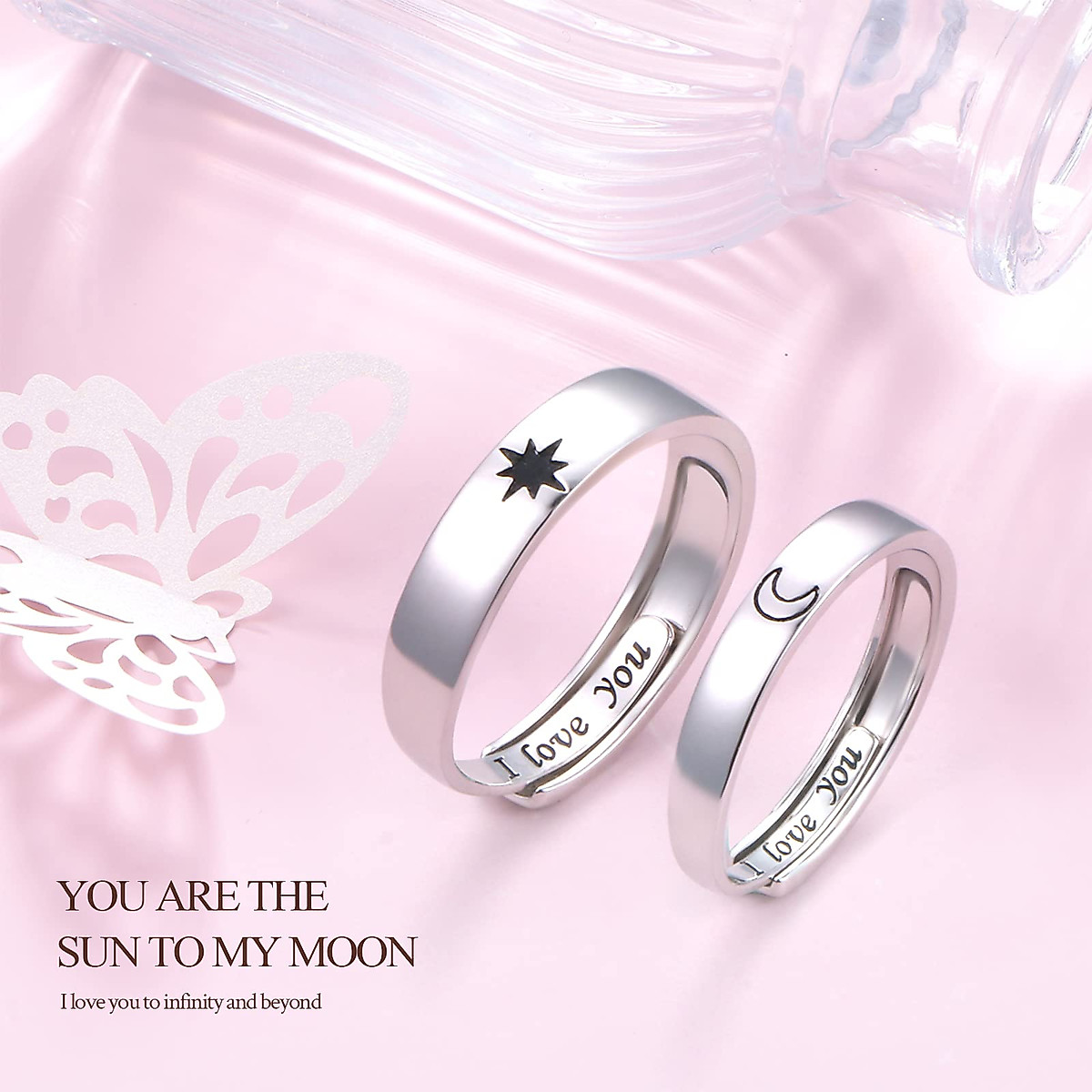 Ladytree 2PCS 925 Sterling Silver Adjustable Rings Couples Promise Engagement Rings for Him and Her Set Sun and Moon 2In1 I Love You Rings