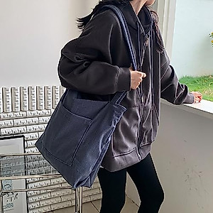 Corduroy Tote Bag for Women Girl with Front Pocket and Zipper Shoulder Handbags Simple Canvas Purse, Grey