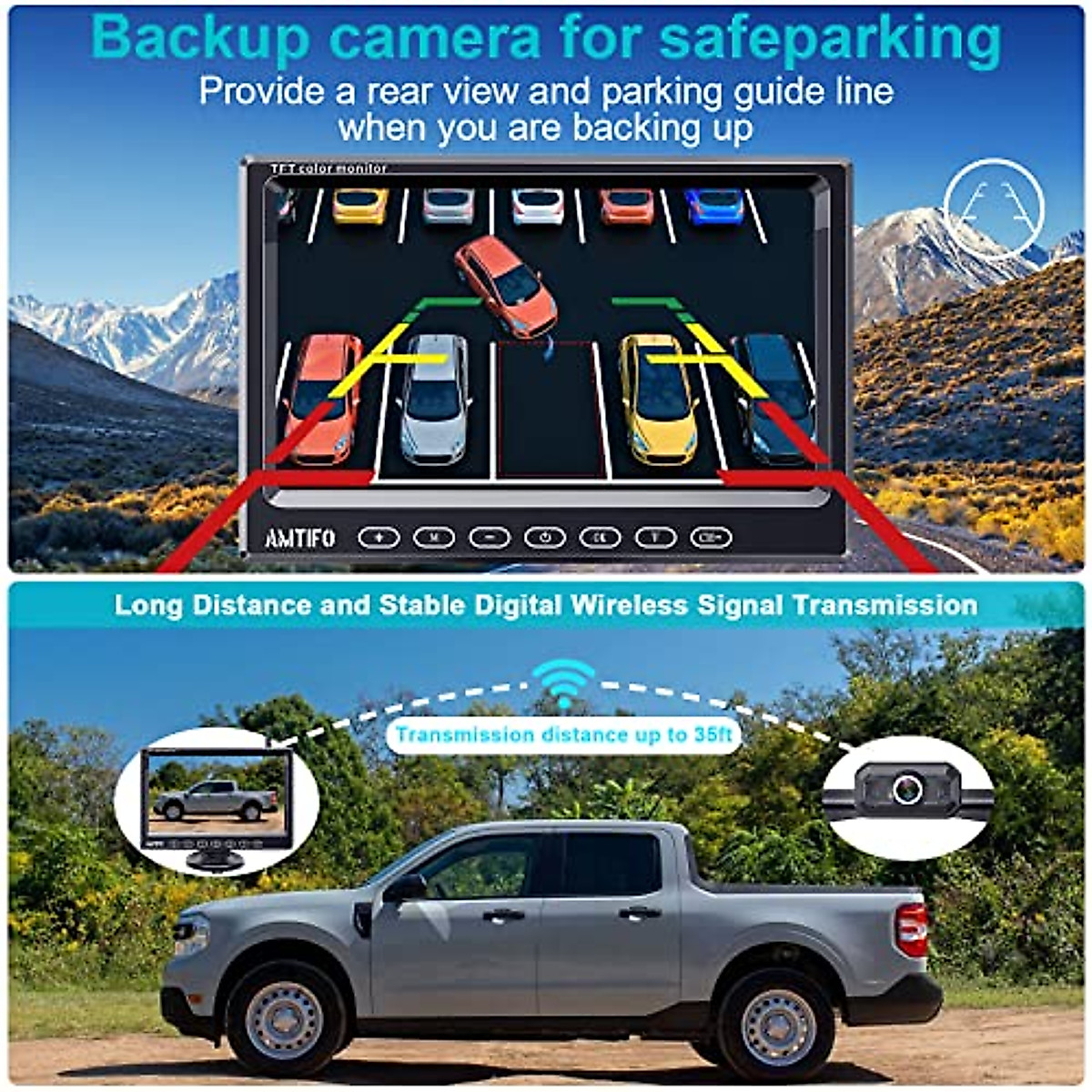 AMTIFO Wireless Backup Camera Car Truck HD 1080P 7 Inch Monitor Easy Install Rear View Camera System 2 Channels Color Night Vision A19