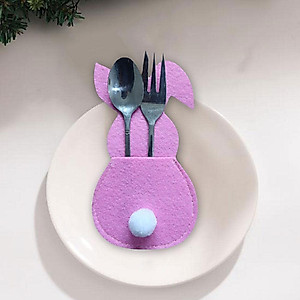 Pekkaxy Easter Table Decor, 4PCS Easter Bunny Felt Cutlery Holders Reusable Utensil Décor Easter Table Decorations for Wedding Birthday Party Supplies