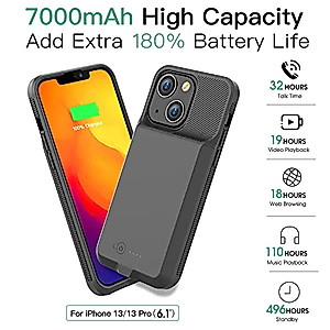 GIN FOXI Battery Case for iPhone 13&13Pro, Real 7000mAh Ultra-Slim Battery Charging Case Rechargeable Anti-Fall Protection Extended Charger Cover for iPhone 13&13Pro Battery Case(6.1 inch) Black