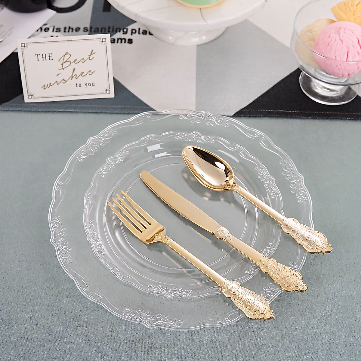 U-QE 100 Pieces Clear Plastic Plates - Clear Disposable Plates - Premium Hard Clear Plates for Party, Holiday and Party Use Including 50 Dinner Plates 10.25 '' & 50 Dessert Plates 7.5 ''