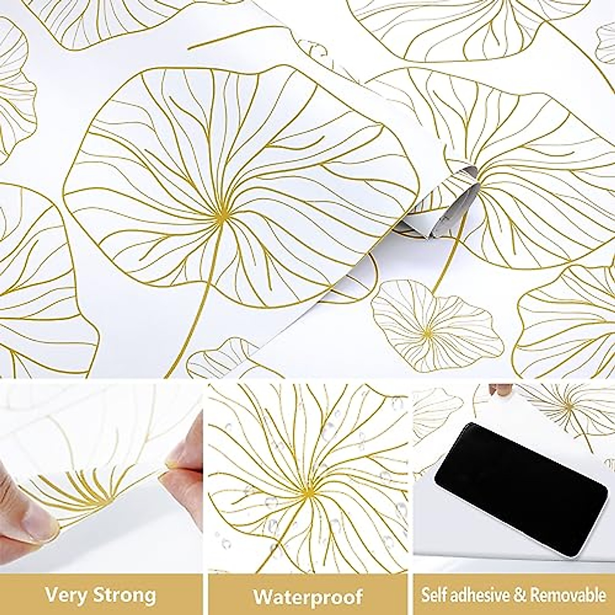Nukofal Lotus Leaf Wallpaper Peel and Stick Wallpaper Lotus Floral Wallpaper 17.7In x 118.1In Leaf Contact Paper Gold and White Wallpaper Modern Removable Wallpaper Self Adhesive Wall Paper Vinyl