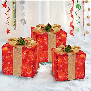 Funpeny Set of 3 Christmas Lighted Gift Boxes, 60 LED Christmas Box Decorations, Presents Boxes with Ribbon Bows Christmas Decorations for Xmas Tree, Yard, Home, Indoor Outdoor Holiday Decor