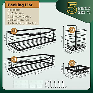BTSD-home Shower Caddy Bathroom Organizer 5 Pack Rustproof Shower Rack Adhesive Shower Shelves with 4 Hooks, 2 Soap Holder, 1 Toothbrush Holder, Stainless Steel for Home Decor Bathroom Accessories