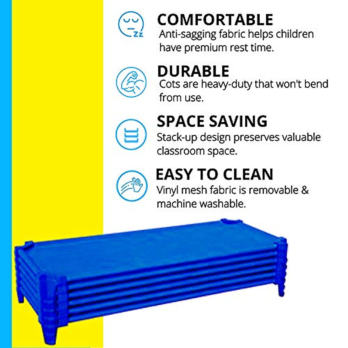 Wood Designs 87800 Stackable Daycare Cots for Kids, Naptime/Sleeping Cots for Preschool, Daycare, Kindergarten [Set of 6], 52"L x 22.25"W, Blue, Ready-to-Assemble