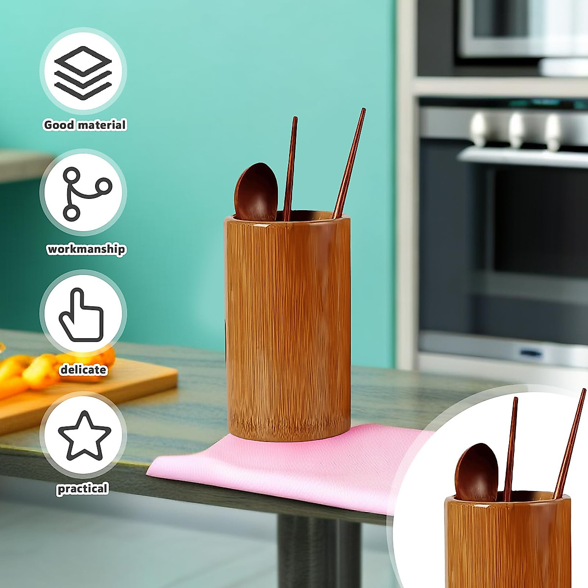 Wooden Utensil Holder, 6.1x 3.5 Inch Wood Kitchen Utensil Holder Kitchen Utensil Organizer, Wood Kitchen Tool Holder for Spoons, Cooking Tools, Chopstick Holder for Farmhouse Kitchen Counter Decor