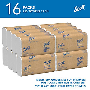 Scott Essential Multifold Paper Towels (01804) with Fast-Drying Absorbency Pockets, White, 16 Packs / Case, 250 Multifold Towels / Pack
