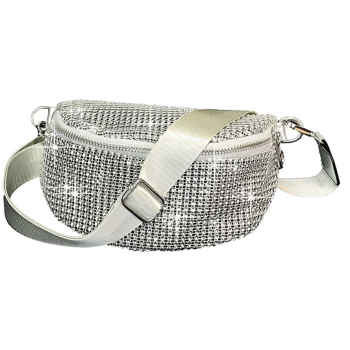 Zzfab Mesh Bing Fanny Crossbody Bags Rhinestone Clutches bling Evening Purse for Wedding and Prom Silver
