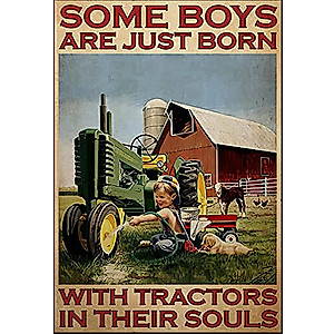 Ranch Boy Tractor Poster Metal Tin Sign, Some Boys Have Tractors When They were Born, Chic Retro Art Garage Pub Man Cave Club Novel and Interesting Bathroom Toilet Decoration 8X12Inch
