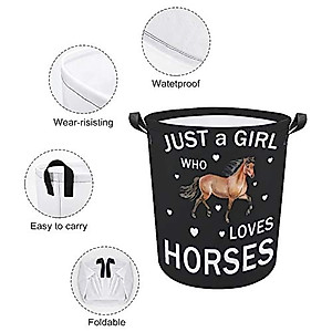 A Girl Who Loves Horses Design Laundry Basket Hamper Bag Dirty Clothes Storage Bin Waterproof Foldable Collapsible Toy Organizer for Office Bedroom Clothes Toys Gift Basket