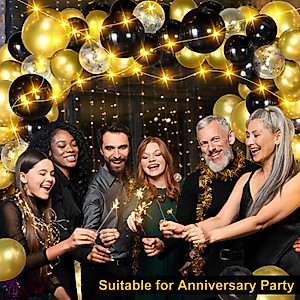 Black and Gold Balloons Garland Arch Kit with LED String Light, Black Gold Confetti Latex Balloons Cheers to Birthday Decorations Anniversary Retirement Graduation Party Decorations