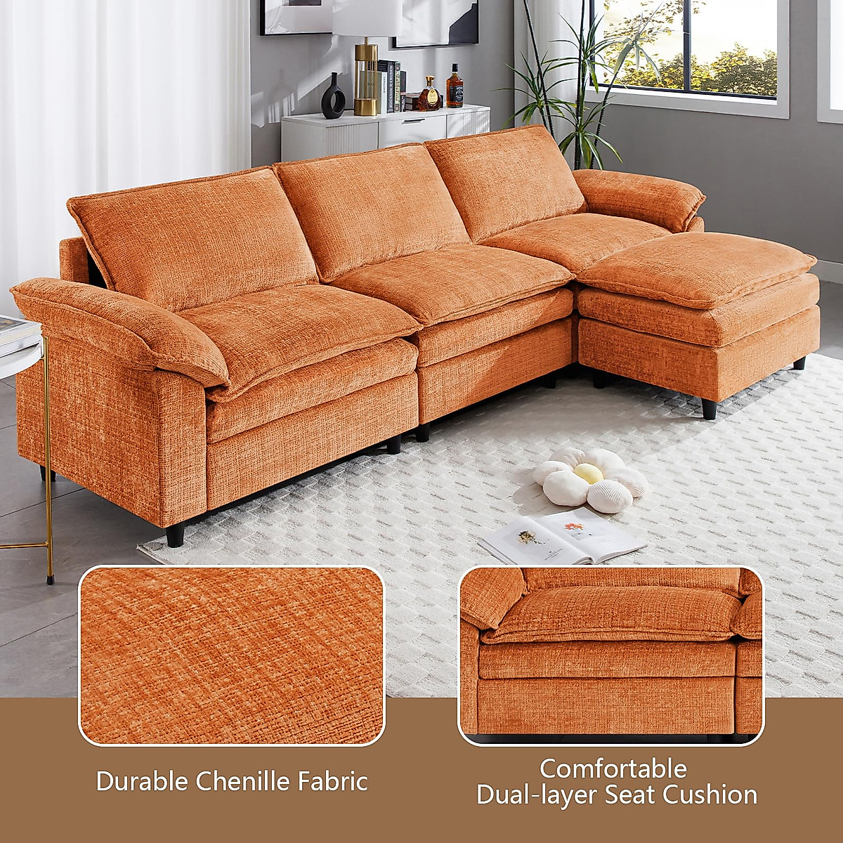 KIVENJAJA Modular Cloud Sectional Couch, Chenille L Shaped Sectional Sofa with Ottoman, Modern Comfy 4 Seater Sofas for Living Room Apartment Office, 113.5”W, Orange