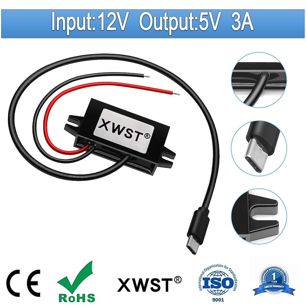 XWST DC to DC 12V to 5V 3A 15W 15watt with USB Output Power Adapter Converter 8V-22V to 5V Voltage Buck Regulator,Step-Down Module,Waterproof Power Adapt 5V Volt Transformer Module