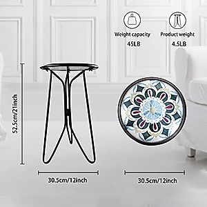 LIFFY Outdoor Side Tables, 12" Weather Resistant Metal & Glass Patio Accent Side Table, Indoor Small Round Home Decorative End Table, Plant Stands Table Outside, for Yard Balcony Garden Bedside
