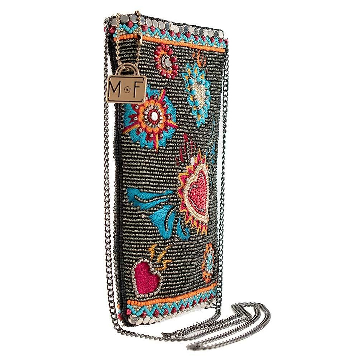 Mary Frances Flaming Hearts Beaded Crossbody Phone Bag, Pewter