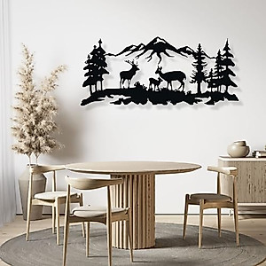 fayholy Metal Wall Art - Metal Deer Family art, Metal Wall Decor, Wildlife Lover Gift, Tree Mountain Decoration, Wall Hangings, Nature Wall Art (Silver, 24"x10" | 60x26 cm)