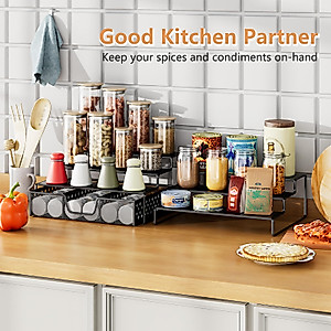 Simple Trending Spice Rack Organizer for Cabinet, 2 Pack 3 Tier Seasoning Organizer, Expandable Shelf,Step Storage Holder, Kitchen Cabinet Countertop,with Sliding Drawer, Metal, Black