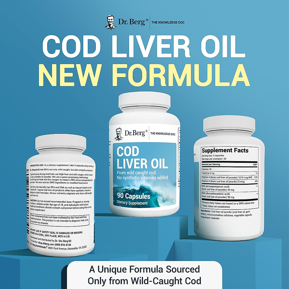 Dr. Berg Cod Liver Oil Capsules - NEW FORMULA without OxBile - Rich in Omega-3 Fatty Acids (DHA & EPA), Vitamins A & D - No Smells or Bad Aftertaste - 90 Capsules