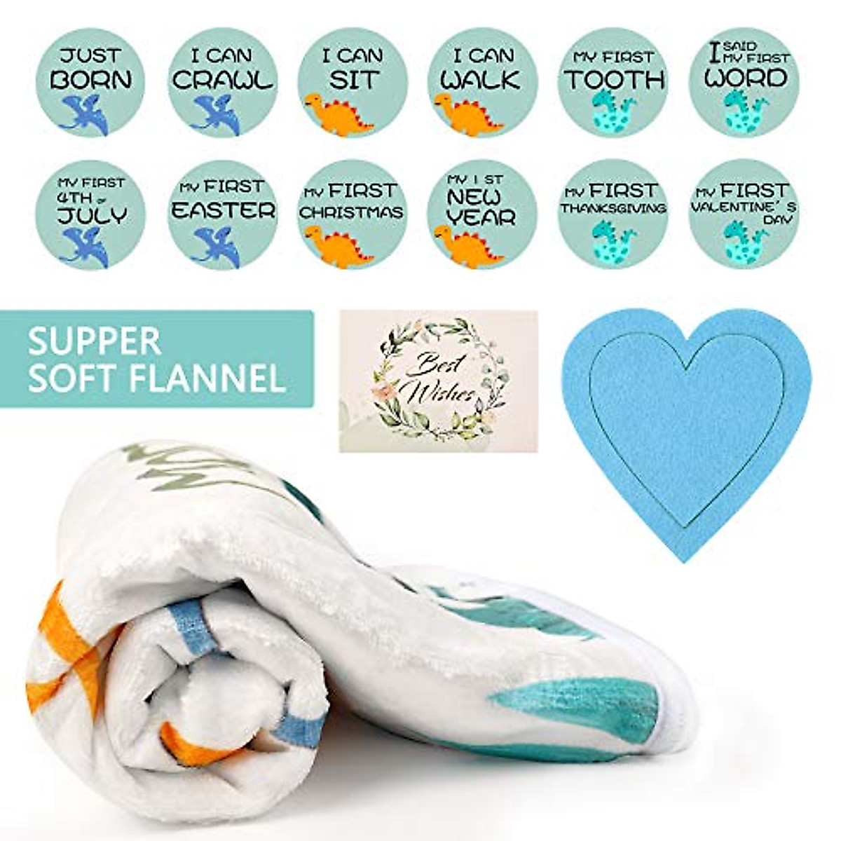 Decoroca Dinosaur Baby Monthly Milestone Blanket - Perfect for Celebrating Your Baby's Growth - Capture Precious Moments Together (50" × 40" with 12 Stickers)