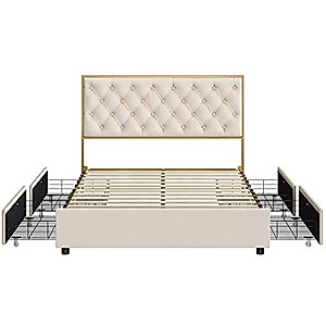 HIFIT Full Bed Frame with 4 Storage Drawers, Upholstered Full Size Bed Frame with Handmade Button Tufted Headboard, Heavy Duty Mattress Foundation with Wooden Slat, No Box Spring Needed,Golden & Beige