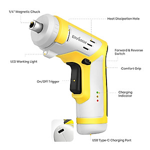 Enventor Cordless Screwdriver Tool Kit, 4V Portable Electric Screwdriver 3.5N.m with 1500 mAh Battery, USB Type-C Charging, 9PCS 1/4" Magnetic Bits Set, Bit Extension Holder, Flexible Shaft, LED Light