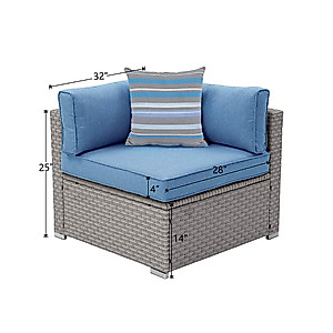 COSIEST Outdoor Furniture Add-on Right Corner Chair for Expanding Wicker Sectional Sofa Set w Denim Blue Thick Cushions, 1 Stripe Woven Pillow for Garden, Pool, Backyard
