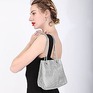 Women's Evening Bag- Upgraded Larger Size Full Rhinestones Bucket Bag Shining Crossbody Bag Shoulder Bag for Party Wedding Date Night (Large (7.9''x7.9‘’x5.1''), Silver)