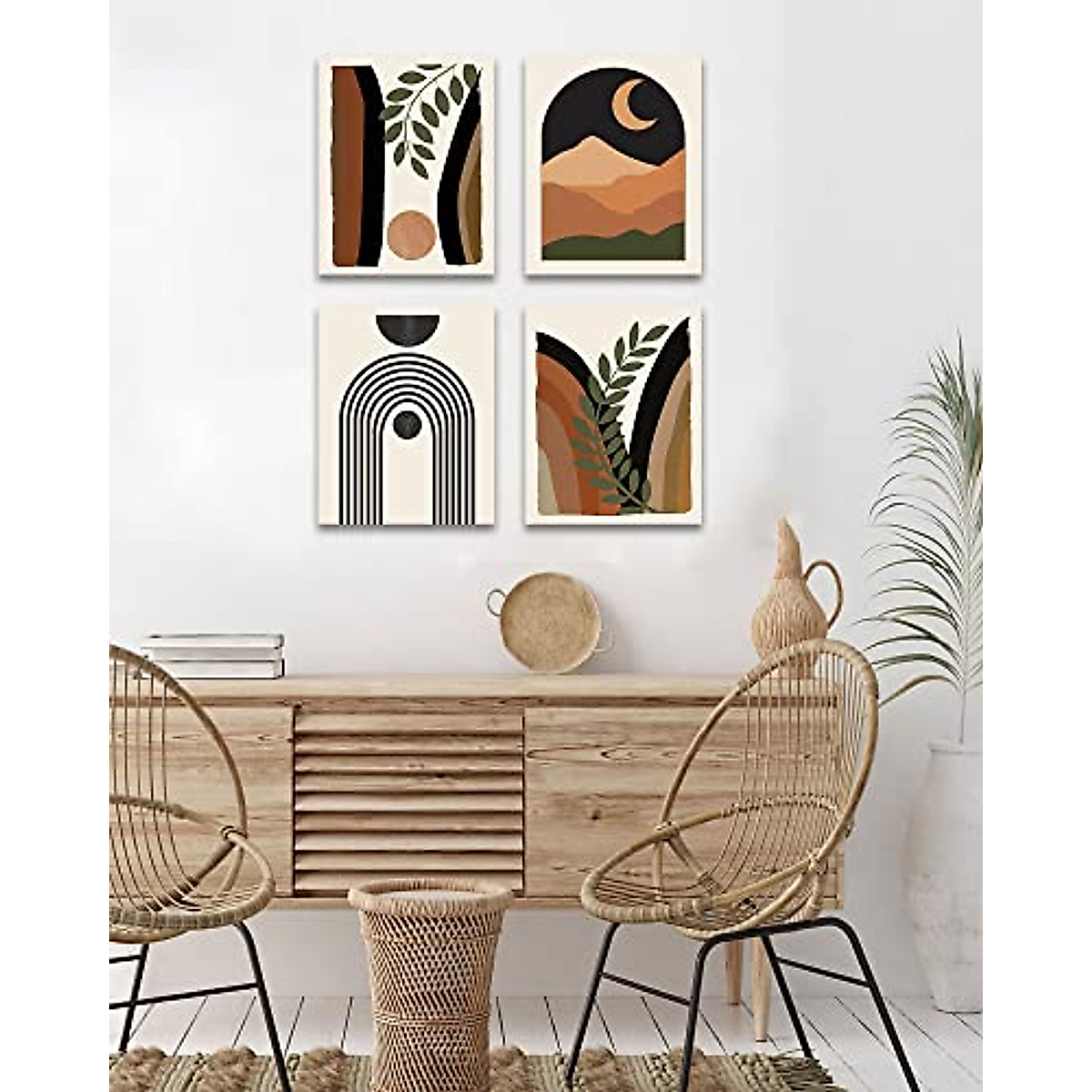 Boho Wall Art , Minimalist Wall Art , Boho Room Decor, Mid Century Modern Framed Canvas Wall Art, Abstract Boho Wall Decor, Bohemian Moon Phases Wall Painting For Living Room Bedroom Kitchen Office Home Decor Set of 4, 8x10in (Framed)