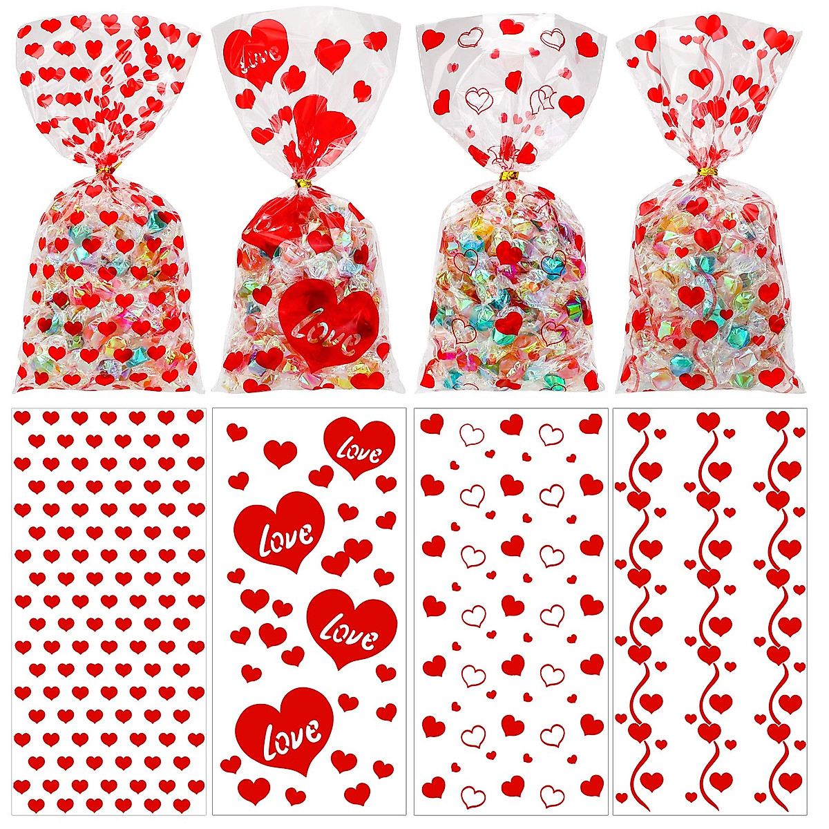 Konsait 100pcs Valentines Cellophane Bags, Clear Candy Cookie Treat Bags with Twist Ties for Bakery Biscuit Chocolate Snacks,Holiday Goody Bags, Valentines Party Favors Supplies