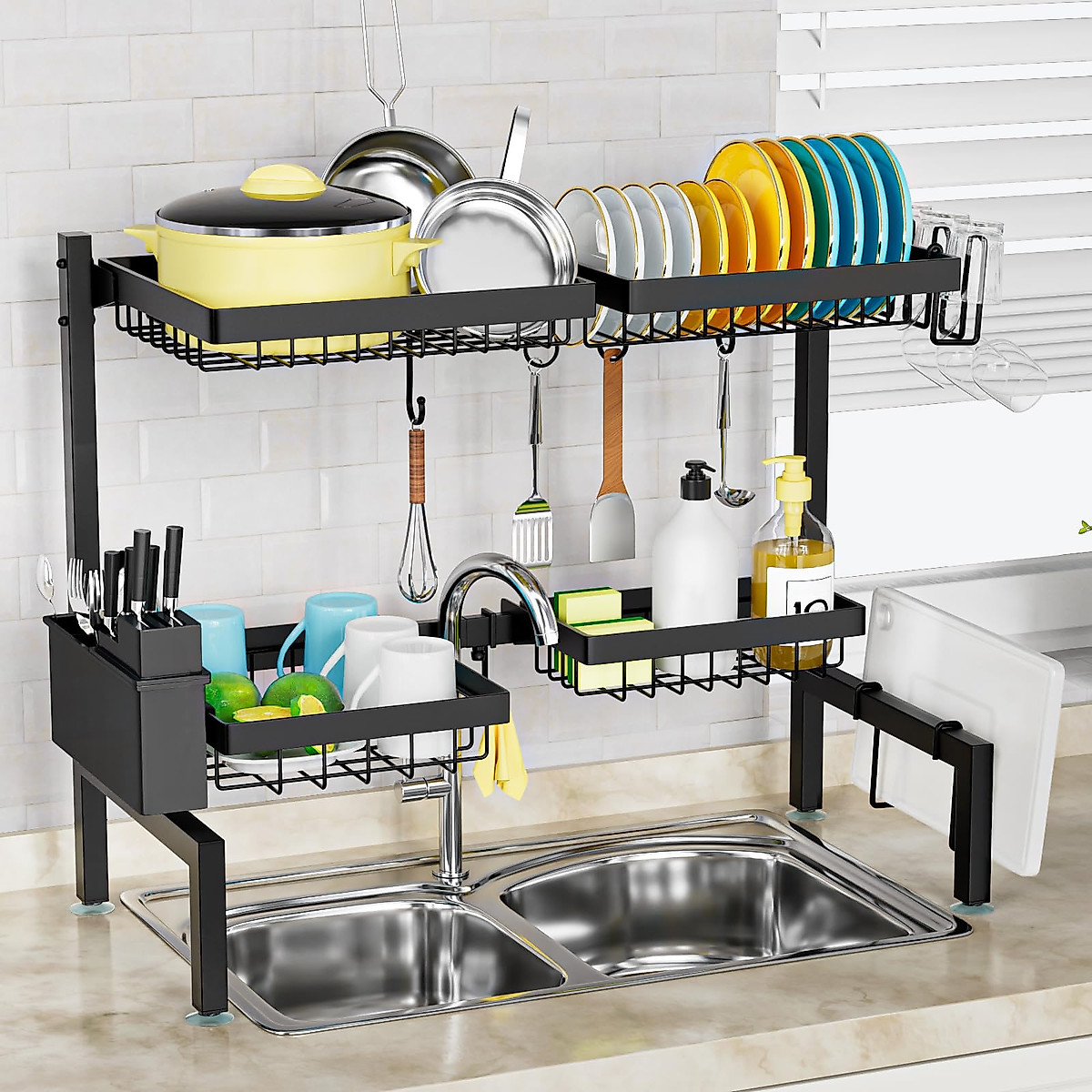 SNSLXH Four Baskets (one More Than Others) Large Sink Rack, 24.8"-35.4",Over The Sink Dish Drying Rack, Two-Tier Large Sink Rack for Kitchen, Retractable and Adjustable, Saving Kitchen Space