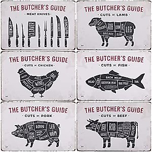 JUXYES Set of 6 Metal Vintage Tin Butcher Guide Poster Prints Retro Cuts of Meat Art Wall Decor Wall Art Sign for Home Kitchen Restaurant Bar Pub Shop, 30*20cm