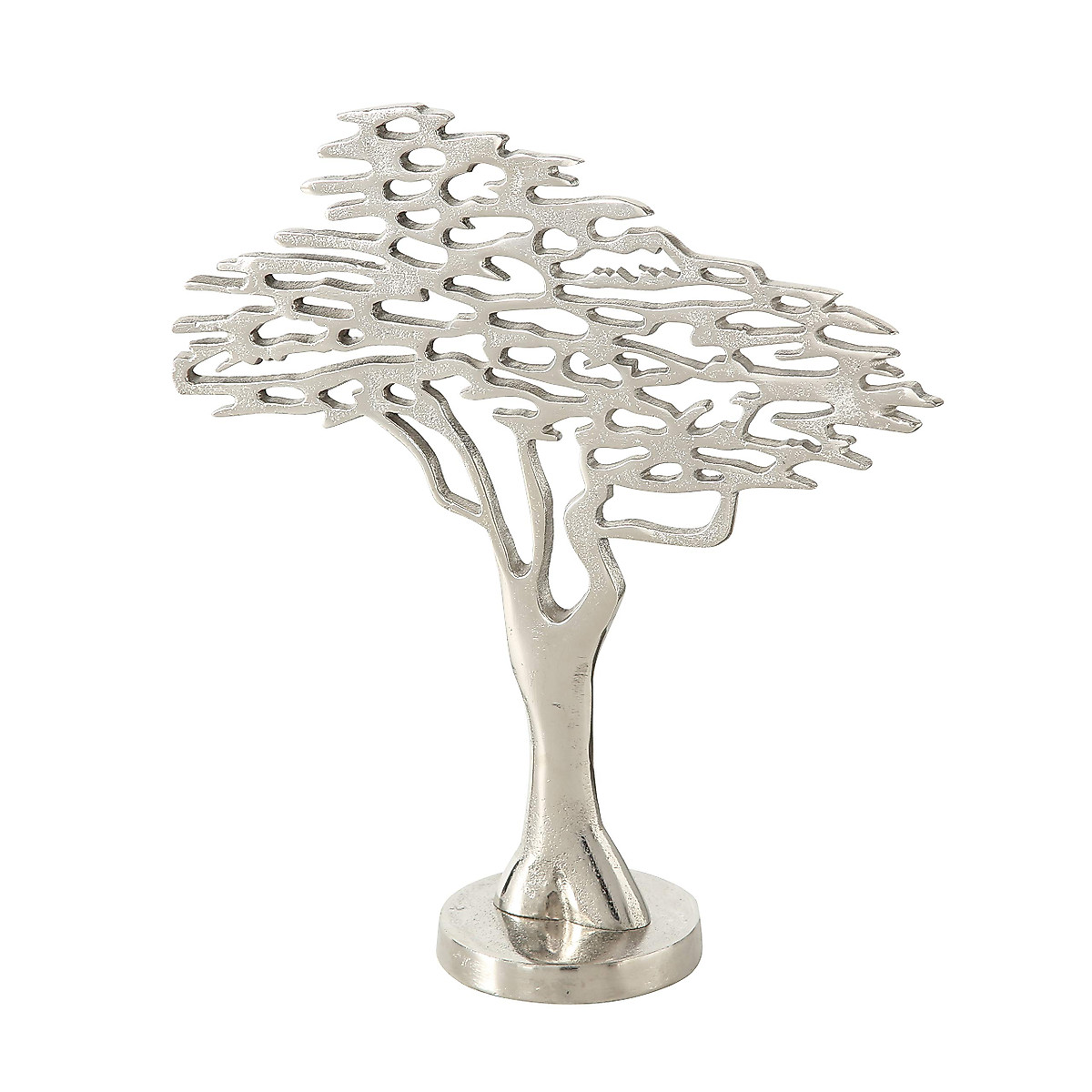 Savannah Tree of Life Table Top Metal Figurine, Made by Hand, Silver Aluminium, Atelier Sculpture Studio, Trunk, Abstract Leaf and Branch Details, Circular Base, 11.75 L x 4 W x 13 H inches (33 cm)