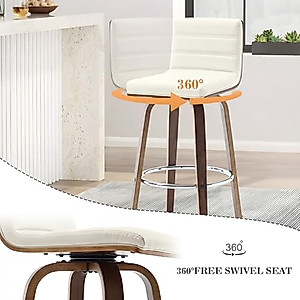 Bekrvio Bar Stools Set of 3 Swivel Bar Stools with Backs, 29 Inch Bar Height Upholstered PU Leather Barstool, L Shape Back, Padded Seat, Mid-Century Modern Bar Stool Chairs for Kitchen Island, White
