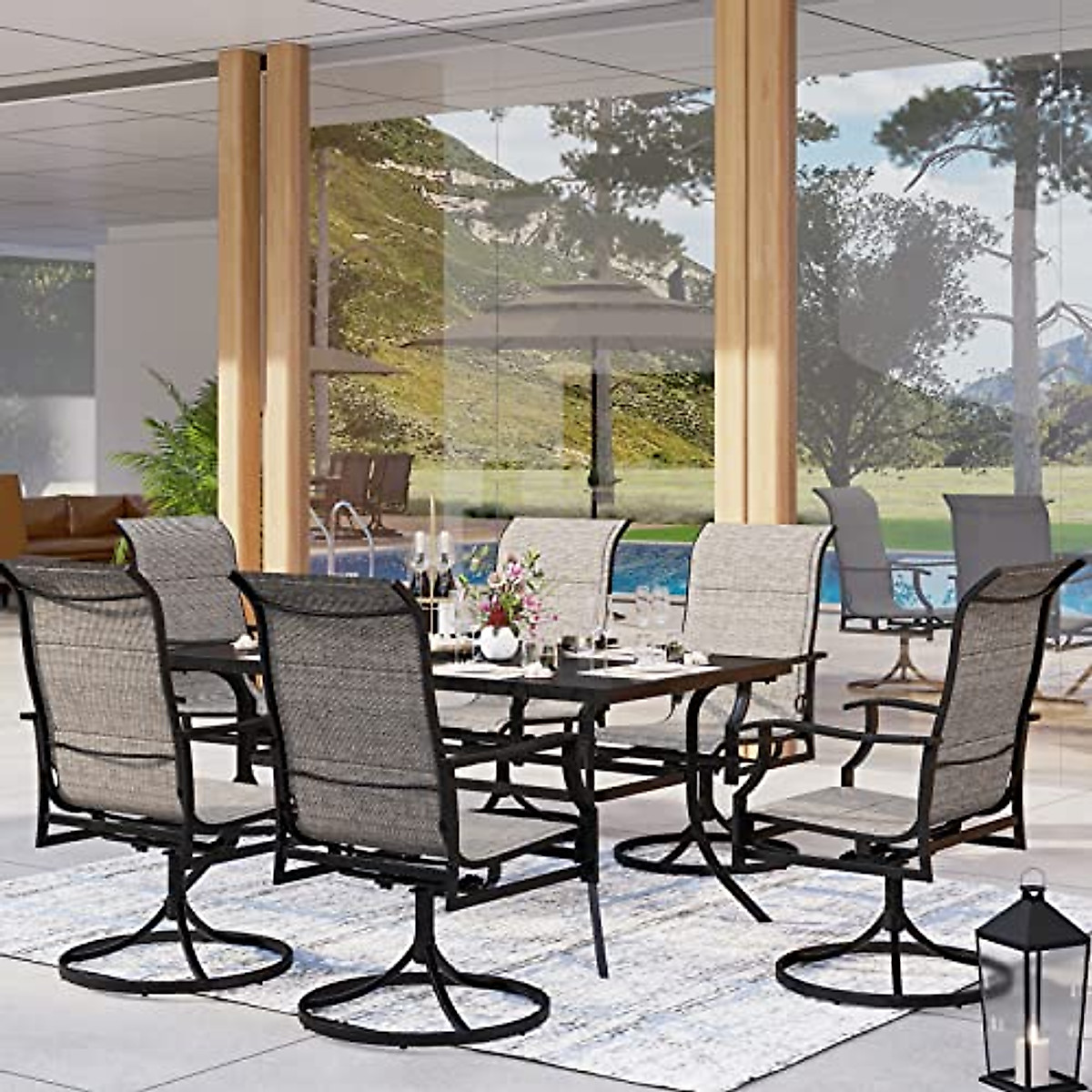 MFSTUDIO 7 Pieces Patio Dining Sets,Outdoor Furniture Set Including 1x 65 Rectangle Table and 6 High Back Sling Padded Swivel Chairs Metal Dining Set for Backyard,Garden,Deck